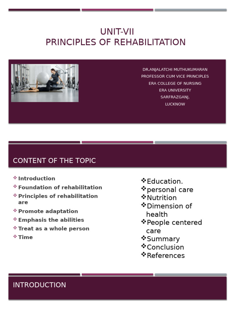 Unit-VII Principles of Rehabilitation M.SC II CHN | PDF | Physical ...