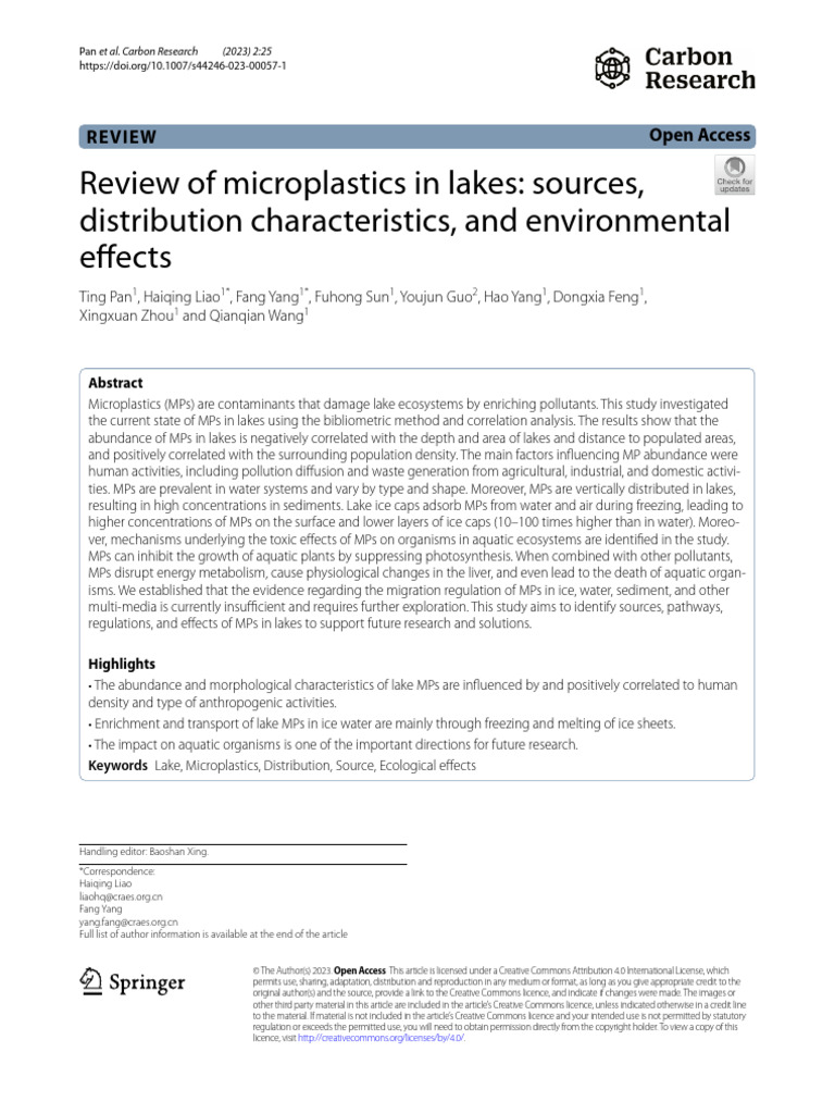 Review Of Microplastics In Lakes Sources Distribution Characteristics