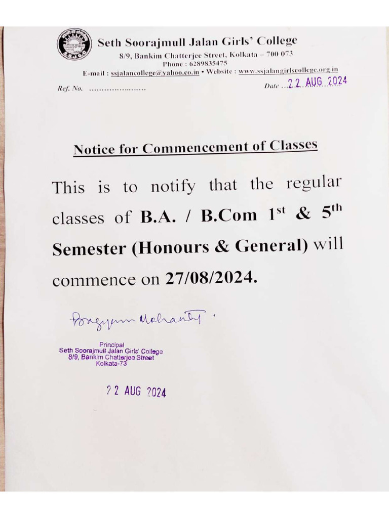 Notice For Commencement Of Classes Pdf