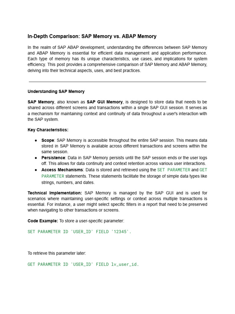 SAP Memory Vs ABAP Memory 1726763177 | PDF