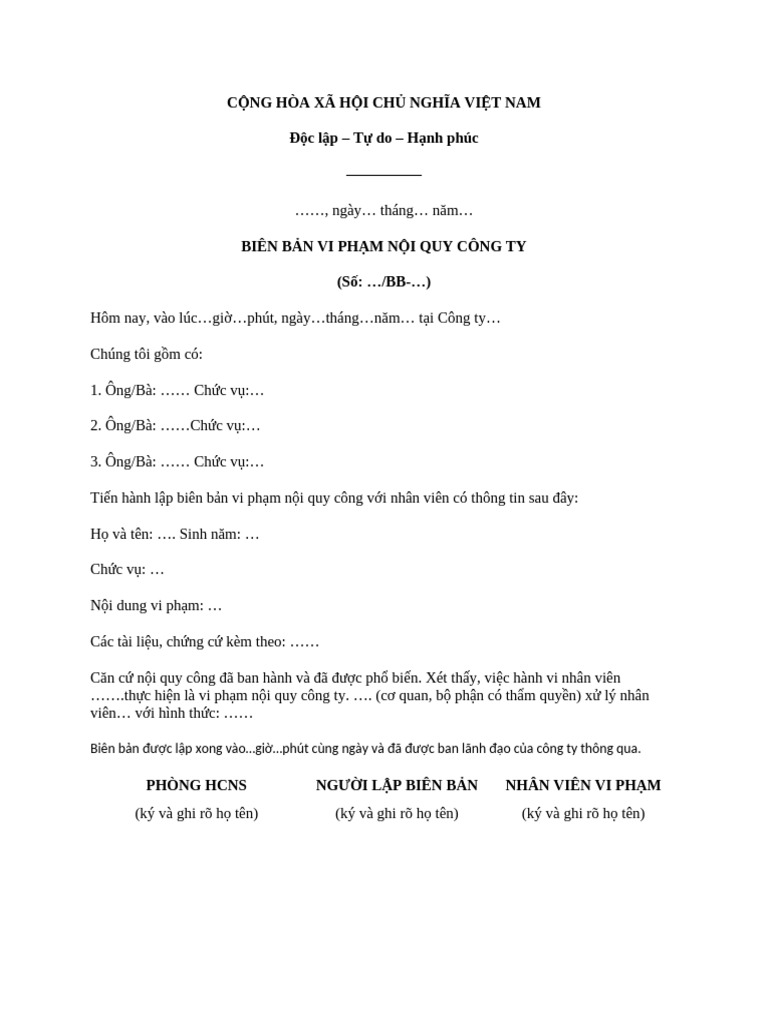 Mau Bien Ban VI Pham Noi Quy Cong Ty | PDF
