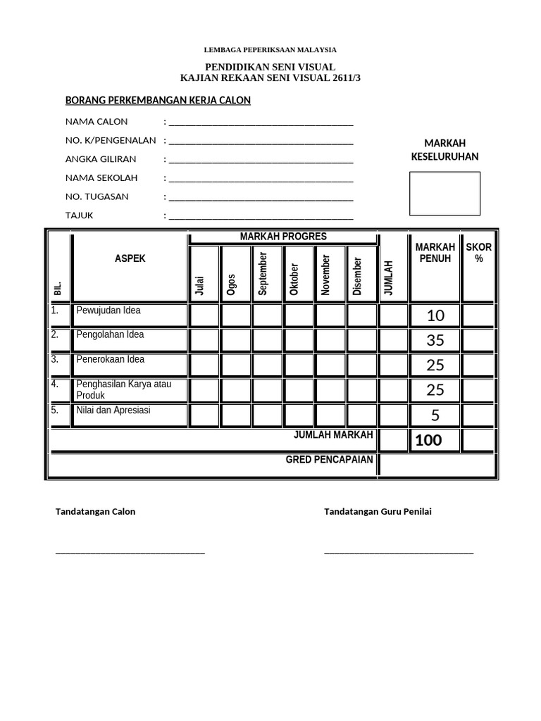 7.2.borang Markah Progres Calon 1 | PDF