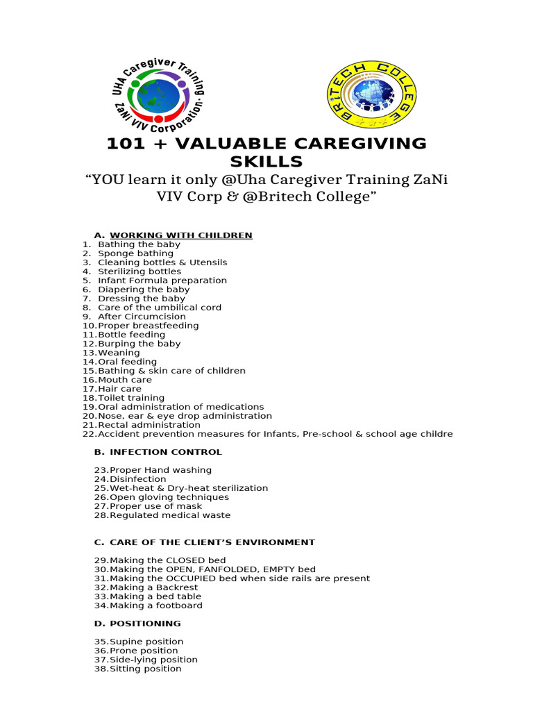 101-Valuable-Caregiving-Skills-Table-Form | PDF