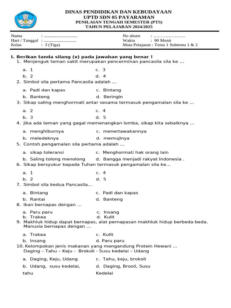 Soal PTS Kelas 3 Tema 1 Sub 1&2 | PDF