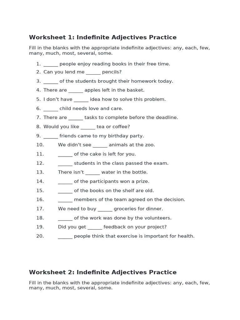 Indefinite Adjectives - Worksheets 1-3 | PDF