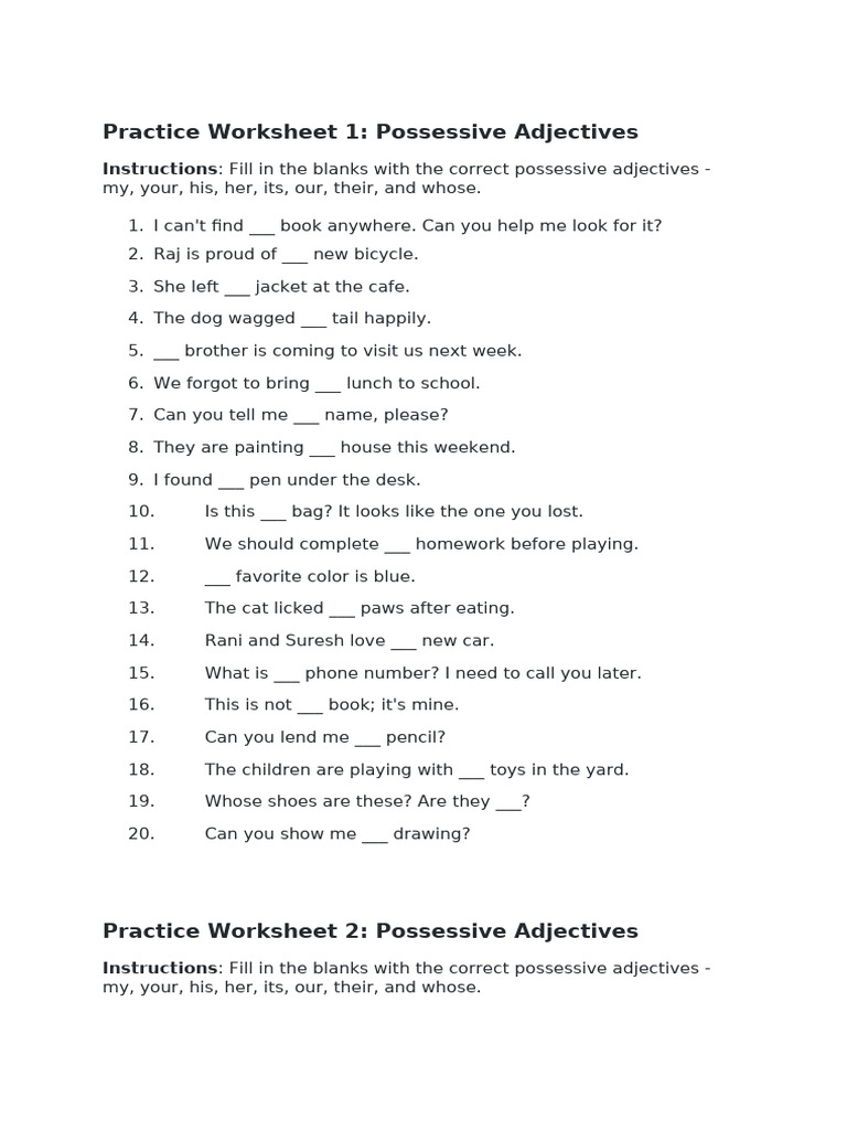 Possessive Adjectives - Worksheets 1 - 3 | PDF | Home & Garden | Art