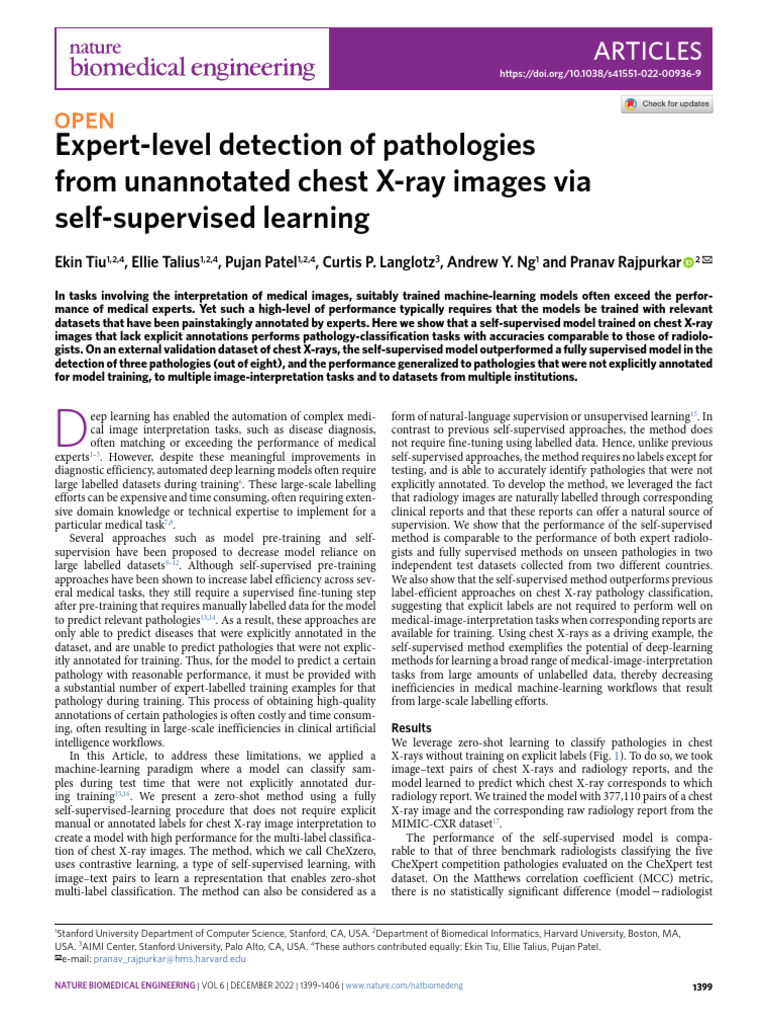 Expert-Level Detection of Pathologies From Unannotated Chest X-Ray Images Via Self-Supervised ...