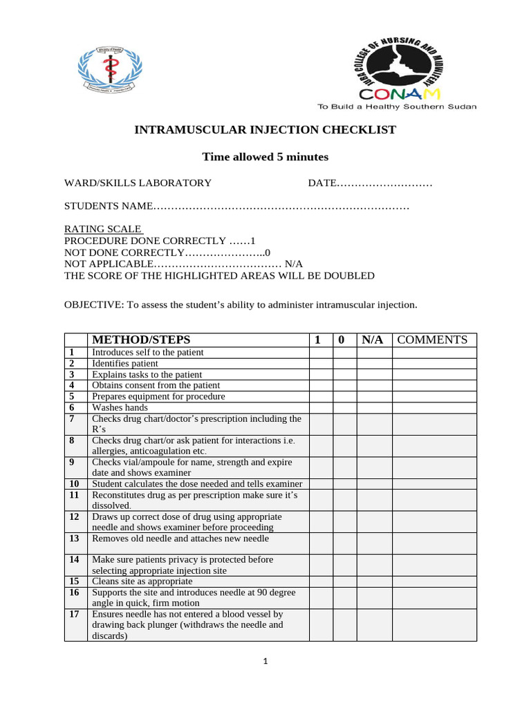 Reviewed Intramuscular Injection Checklist | PDF