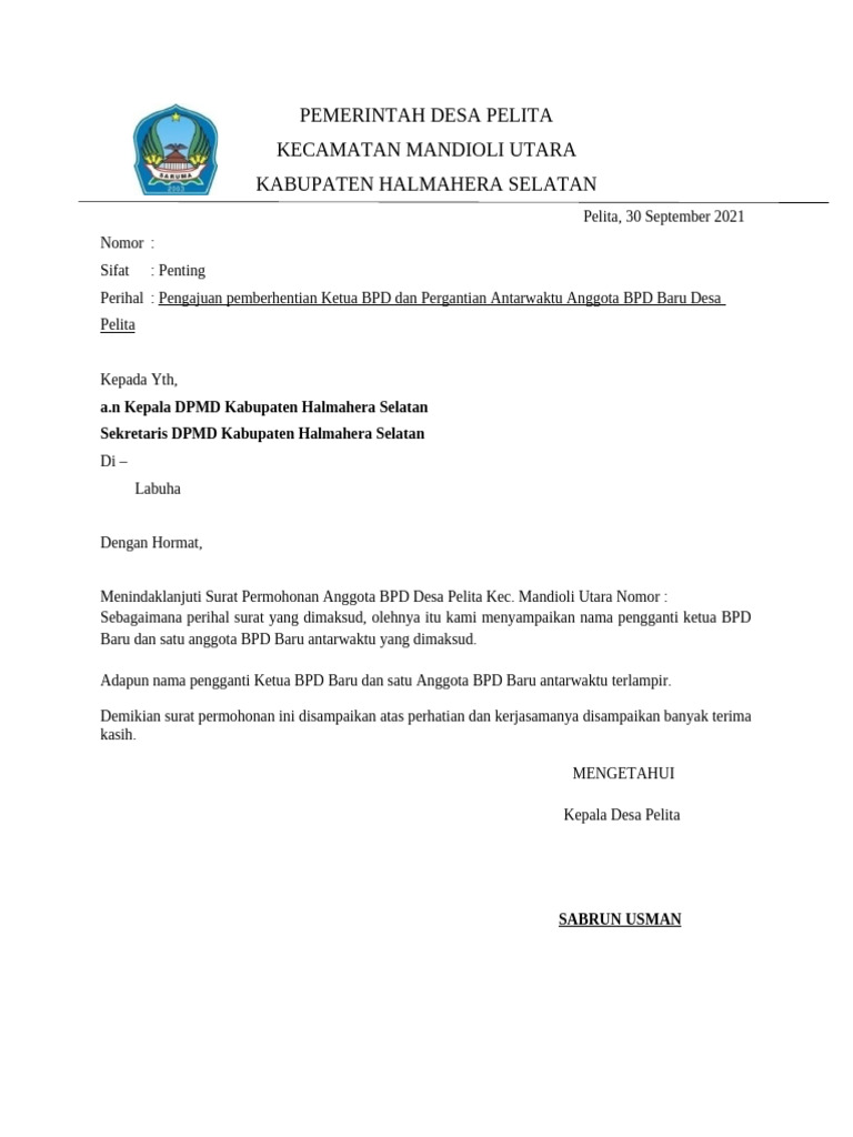 SURAT PERMOHONAN Kepala Desa Ke DPMD | PDF