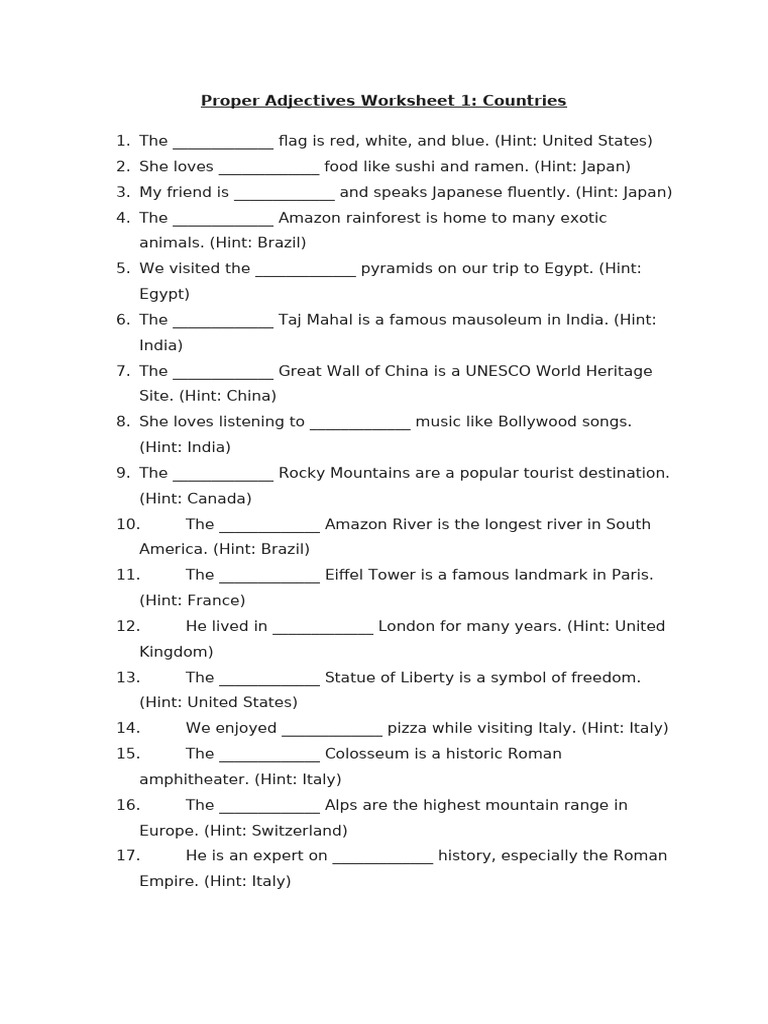 Proper Adjectives - Worksheet 1-4 | PDF | Asia | Europe