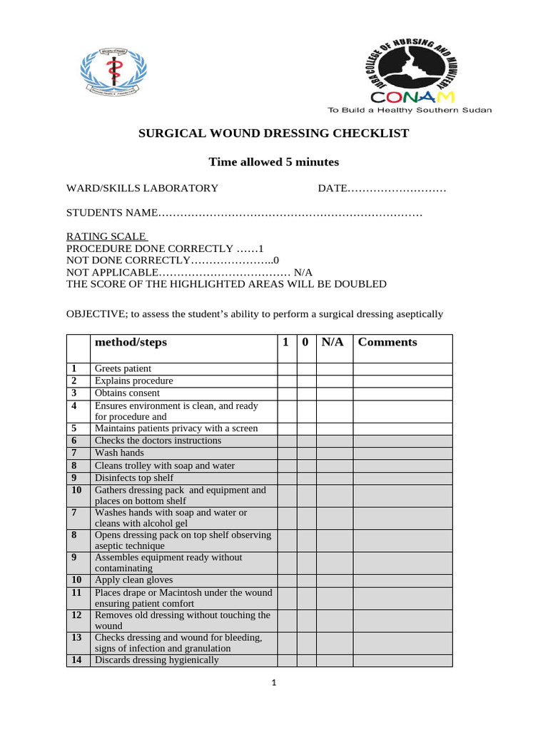 Reviewed Aseptic Wound Dressing Checklist | PDF