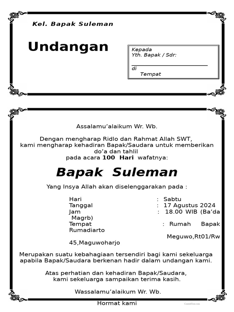 Undangan Tahlil 100 Hari Mbah Suleman 2024 | PDF