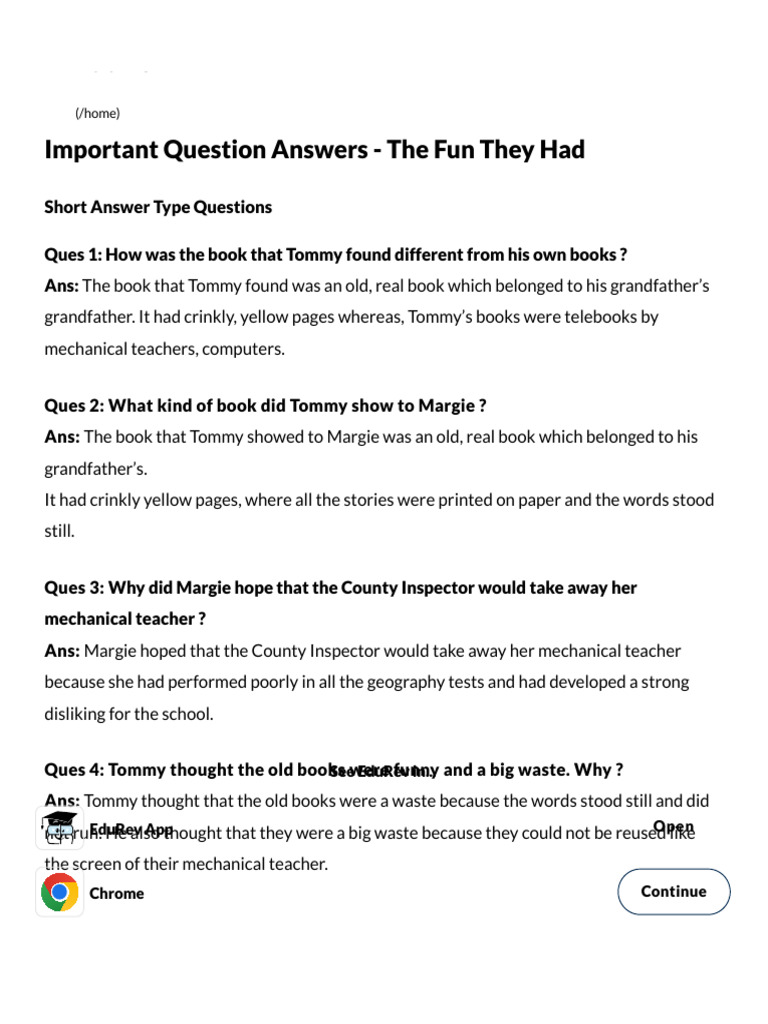 Class 9 English Chapter 1 Important Question Answers - The Fun They Had ...