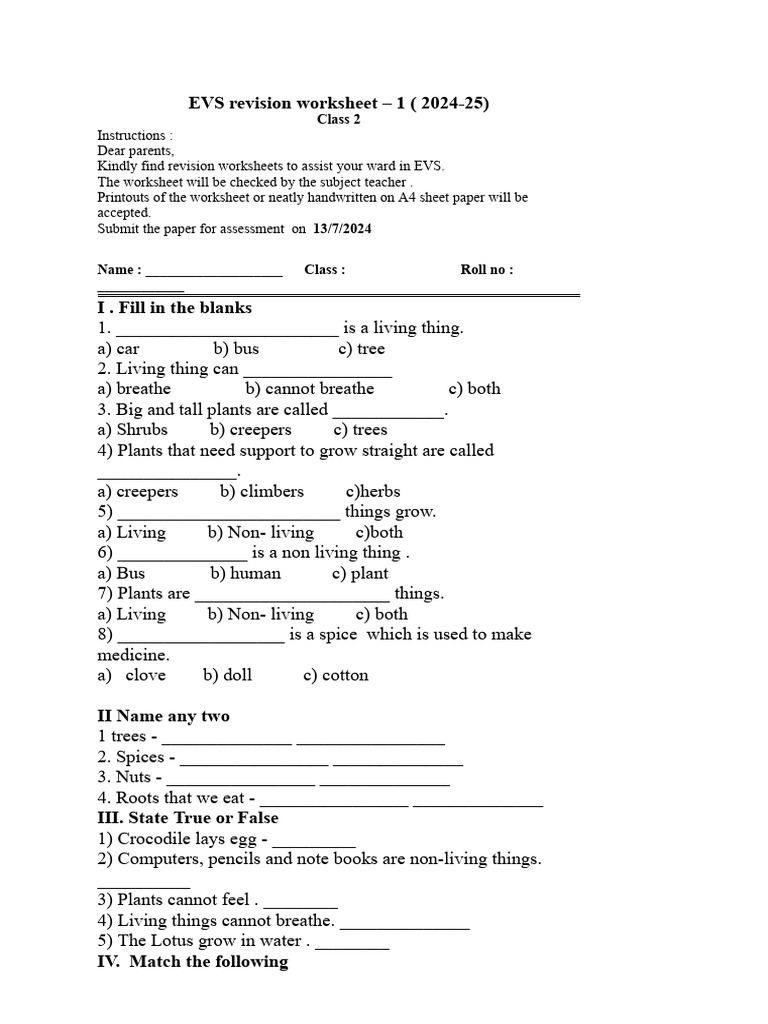 EVS Revision Worksheet - 1 (2024-25) : Class 2 | PDF