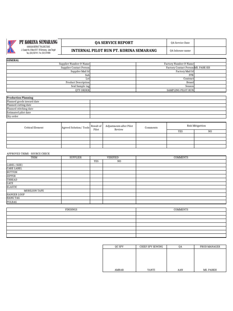 Qa Service Report Internal Pilot Run Pt. Korina Semarang: General | PDF