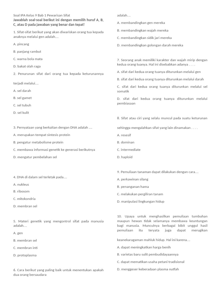 Soal IPA Kelas 9 Bab 1 Pewarisan Sifat | PDF