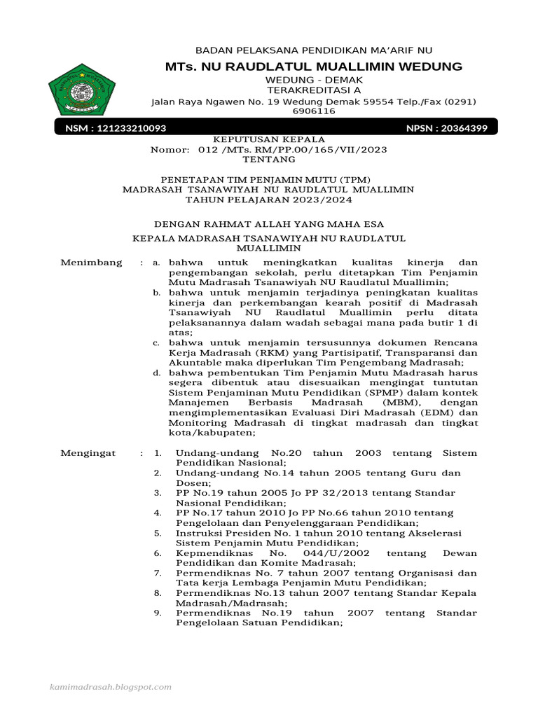Contoh SK Tim Penjaminan Mutu 2023 - Mtsnuraum | PDF