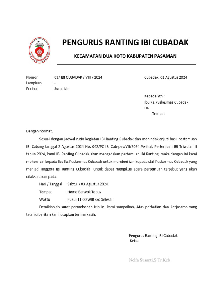 Surat Izin IBI Agsts 2024 | PDF