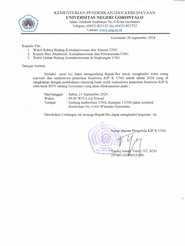 Surat Udangan Temu Orang Tua Kip-Kuliah 2024 | PDF