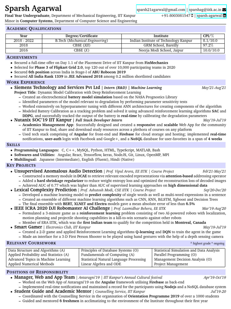 Resume - Sparsh Agarwal - IIT Kanpur | PDF