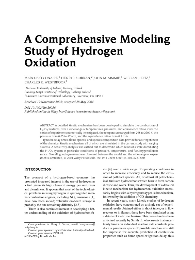 A Comprehensive Modeling Study of Hydrogen Oxidation | PDF