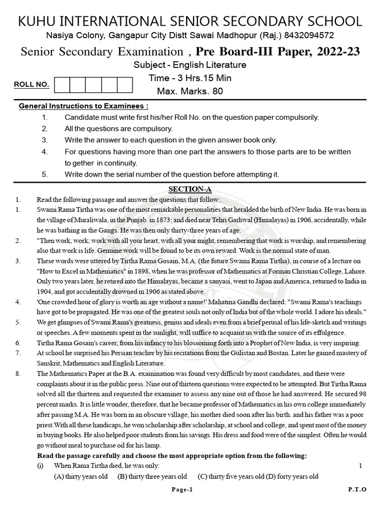 Class-12 English Lit Preboard-3 | PDF