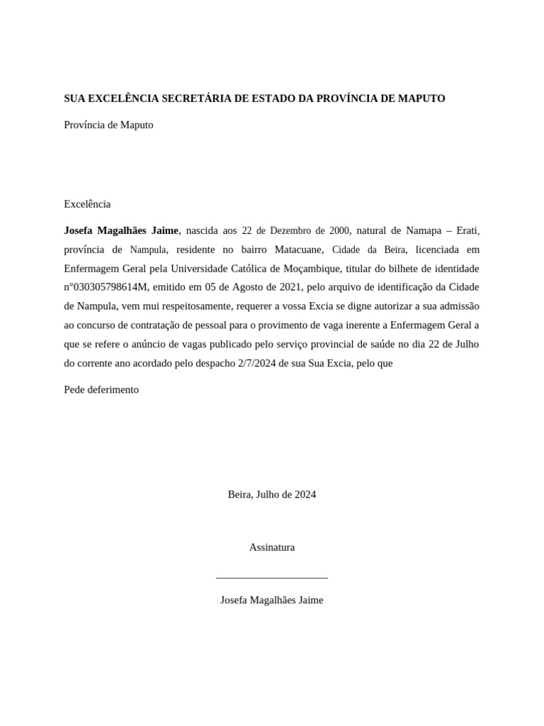 SUA EXCELÊNCIA SECRETÁRIA DE ESTADO DA PROVÍNCIA DE MAPUTO Josefa | PDF