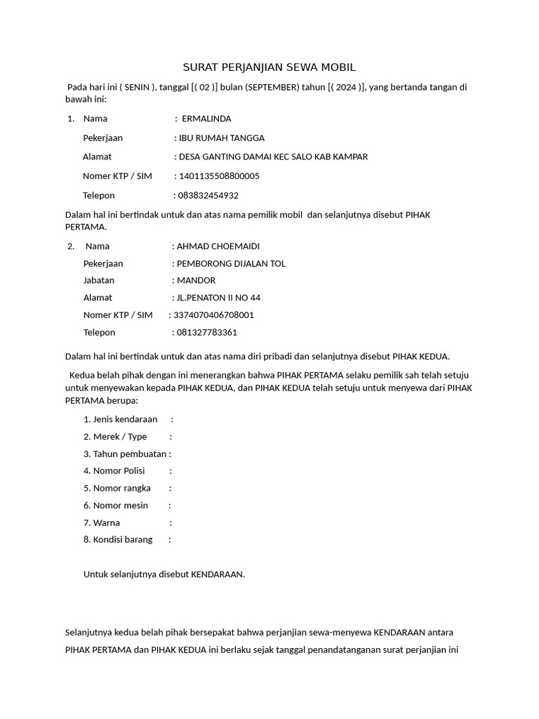 Surat Perjanjian Sewa Mobil Xenia | PDF