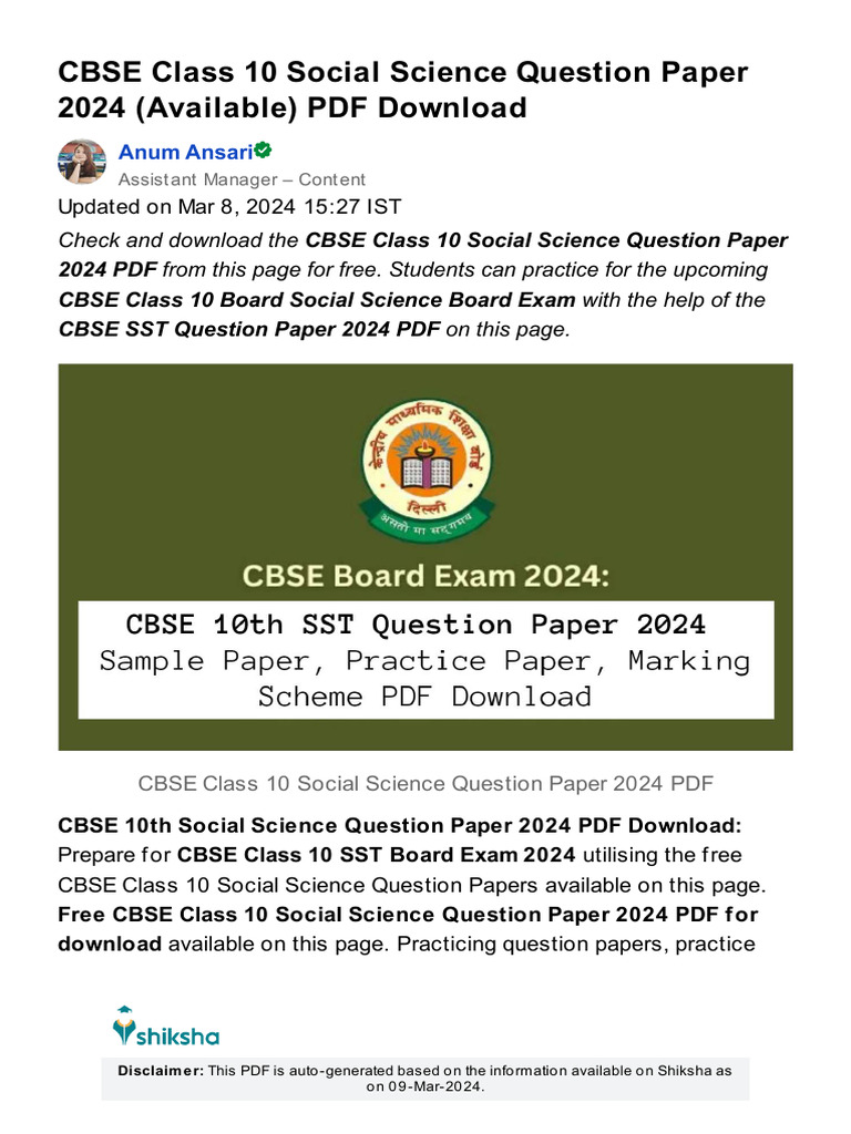 CBSE Class 10 Social Science Question Paper 2024 (Available) PDF ...