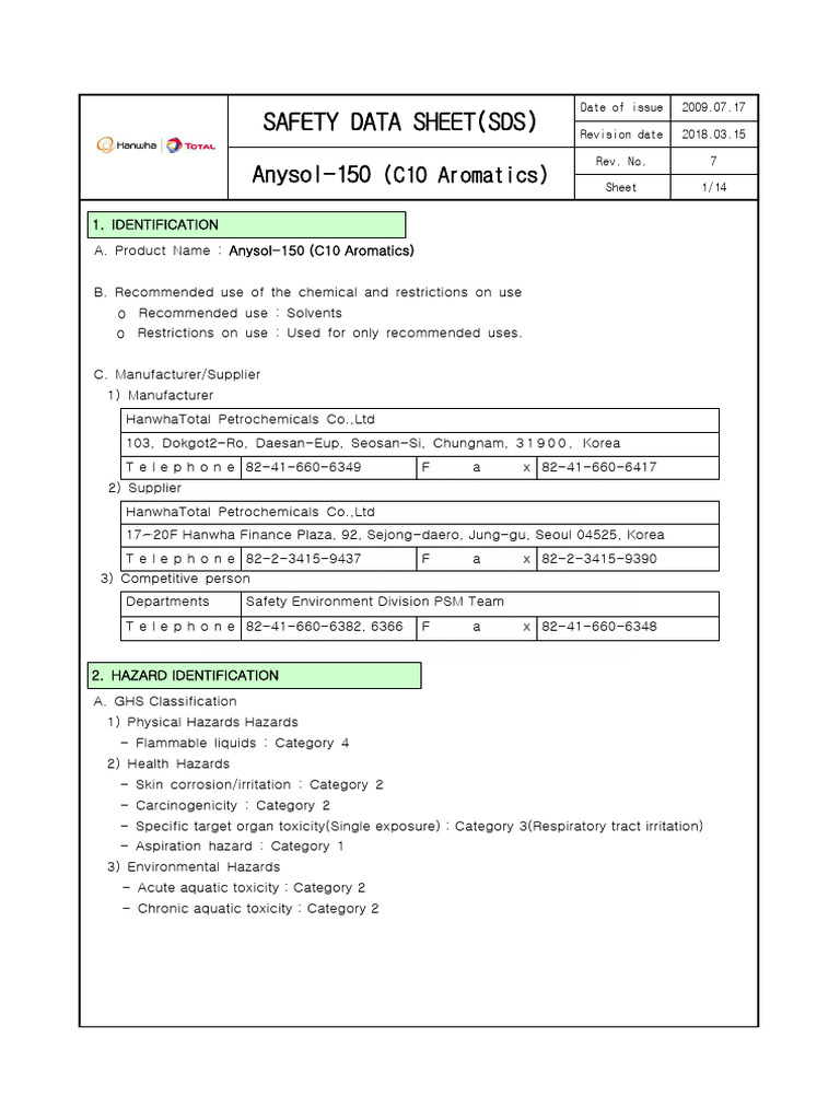 En MSDS Anysol 150 C10 Aromatics | PDF