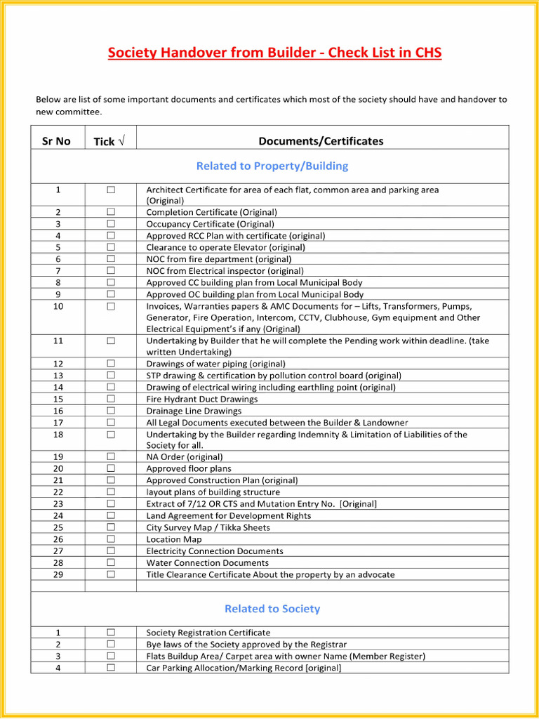 Builder Handover Documents Check | PDF