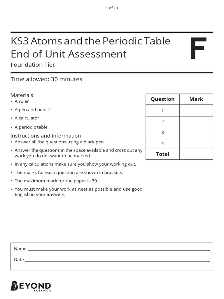 Atoms and the Periodic Table Assessment Foundation - Question Paper | PDF
