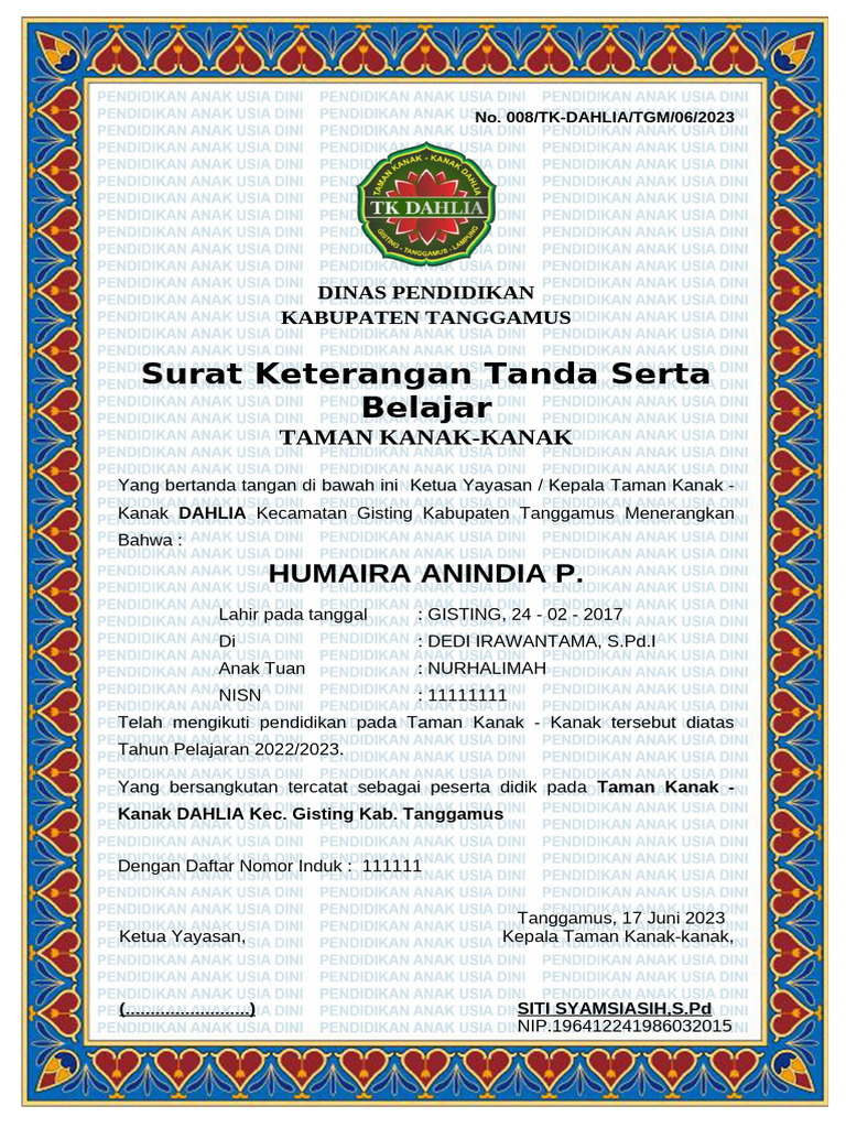 piagam tk dahlia | PDF