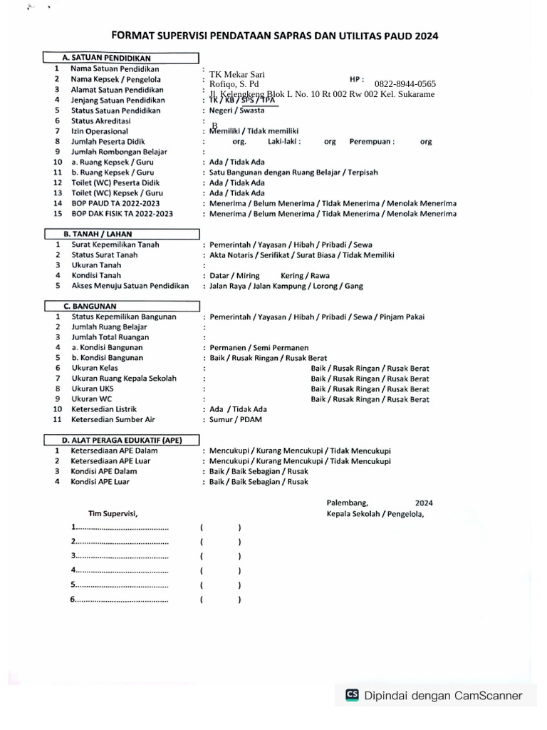Format Supervisi Pendataan Sarpras Dan Utilitas PAUD 2024 | PDF