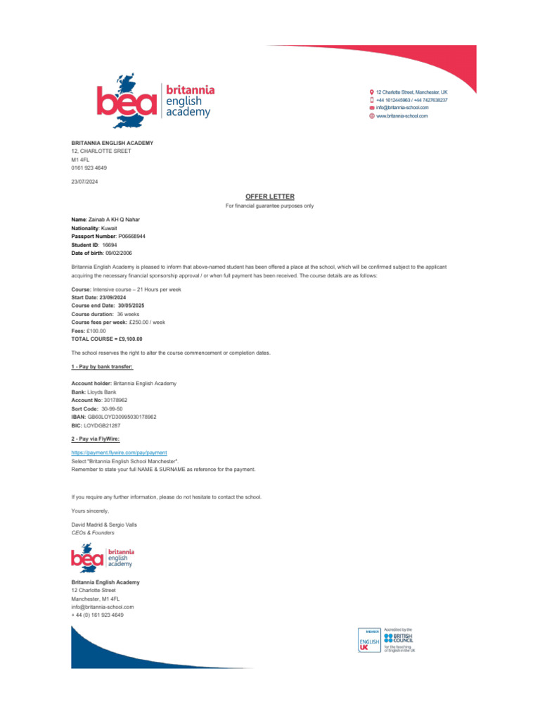 Offer Letter - Britannia Manchester - Zainab A KH Q Nahar | PDF
