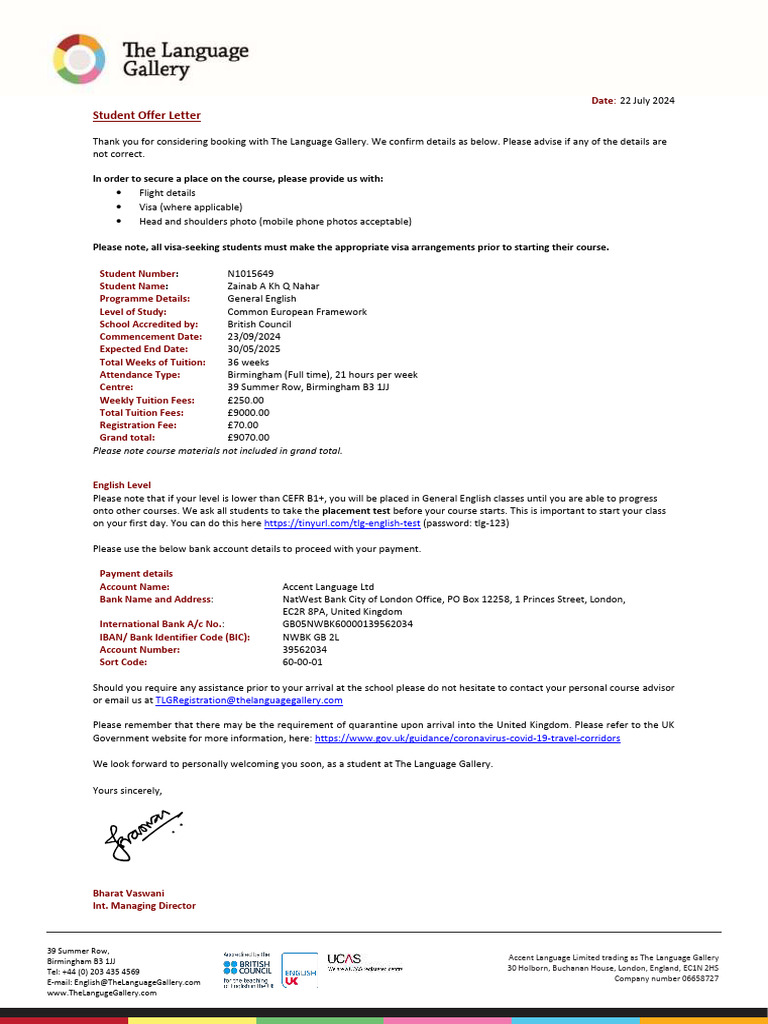 Offer Letter - The Language Gallery Birmingham - Zainab A KH Q Nahar | PDF