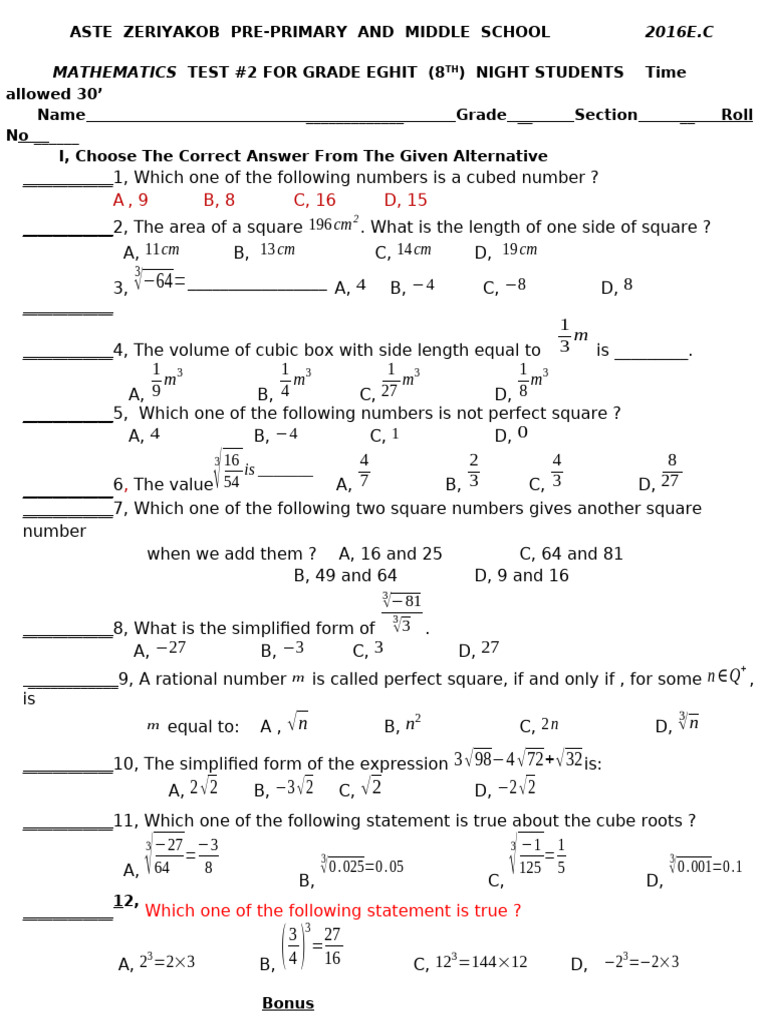 MATHS TEST 2 Grade 8 Night | PDF