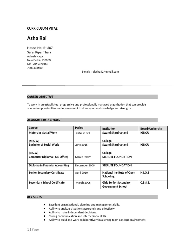 CURRICULUM VITAE (Asha Rai) | PDF