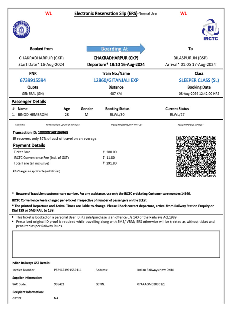 12860/gitanjali Exp Sleeper Class (SL) : WL WL | PDF