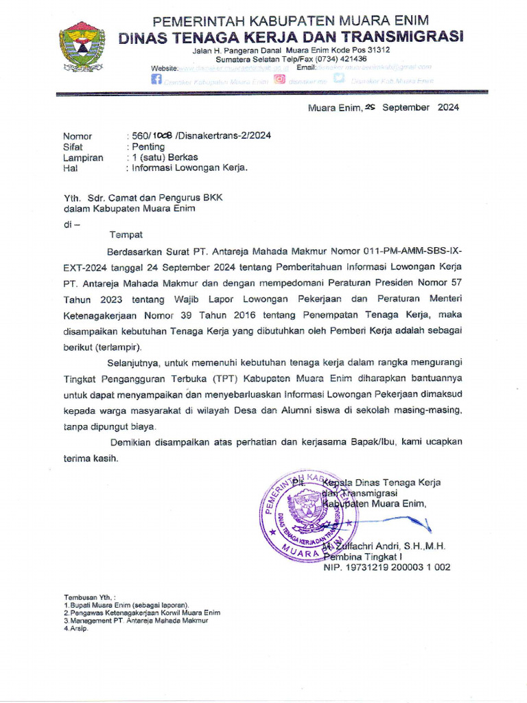 Surat Loker Antareja Mahada Makmur September 2024 | PDF