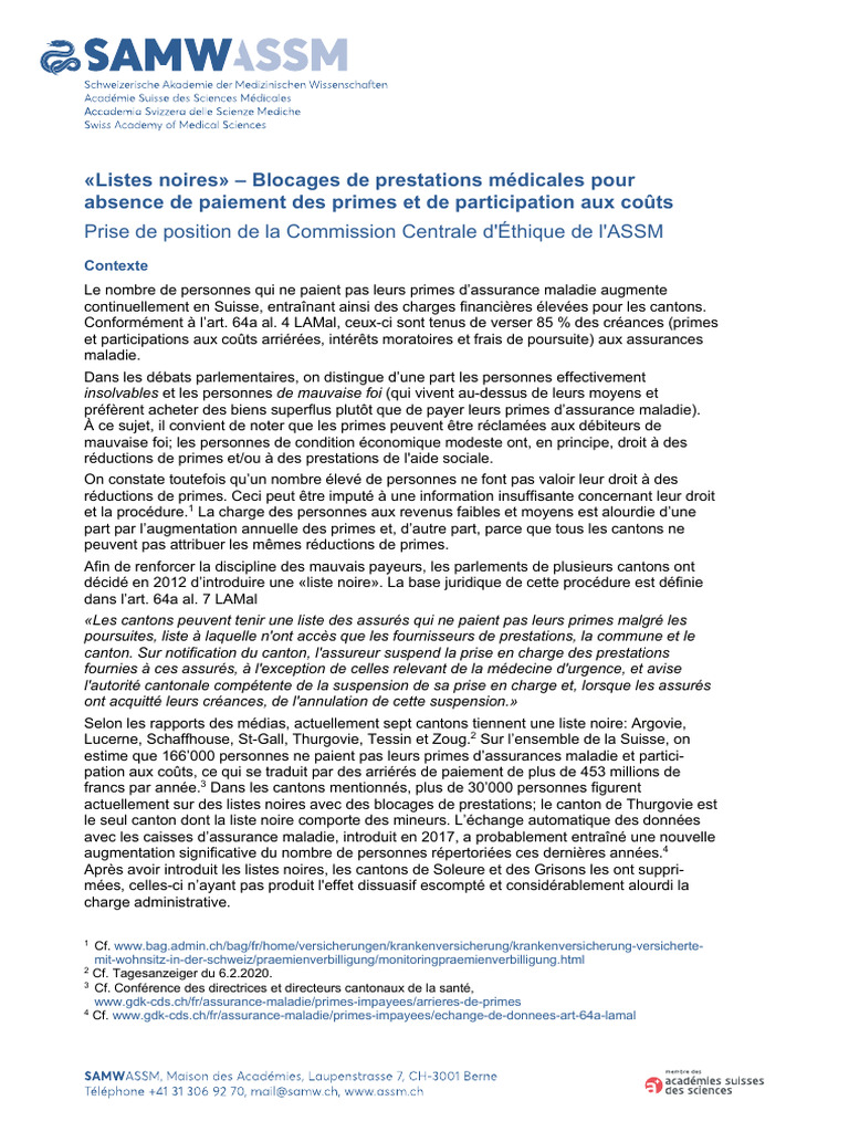 Prise de Position Assm Blocage de Prestations 2020 | PDF