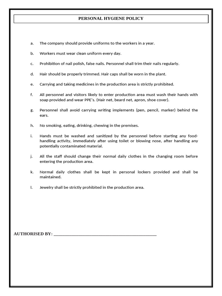 Personal Hygiene Policy | PDF
