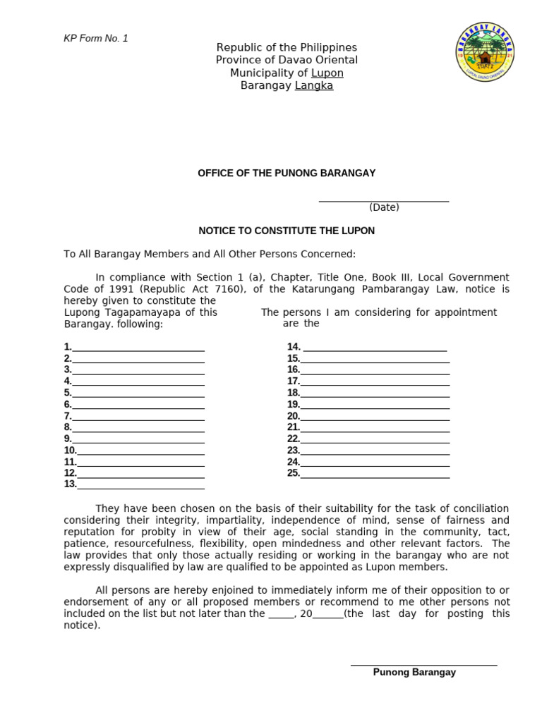 KP-Forms barangay langka 2024 | PDF