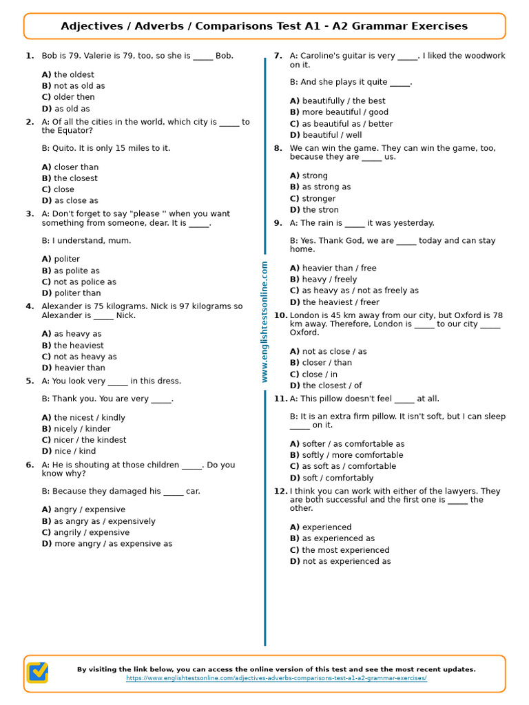 459 Adjectives Adverbs Comparisons Test A1 A2 Grammar Exercises Pdf