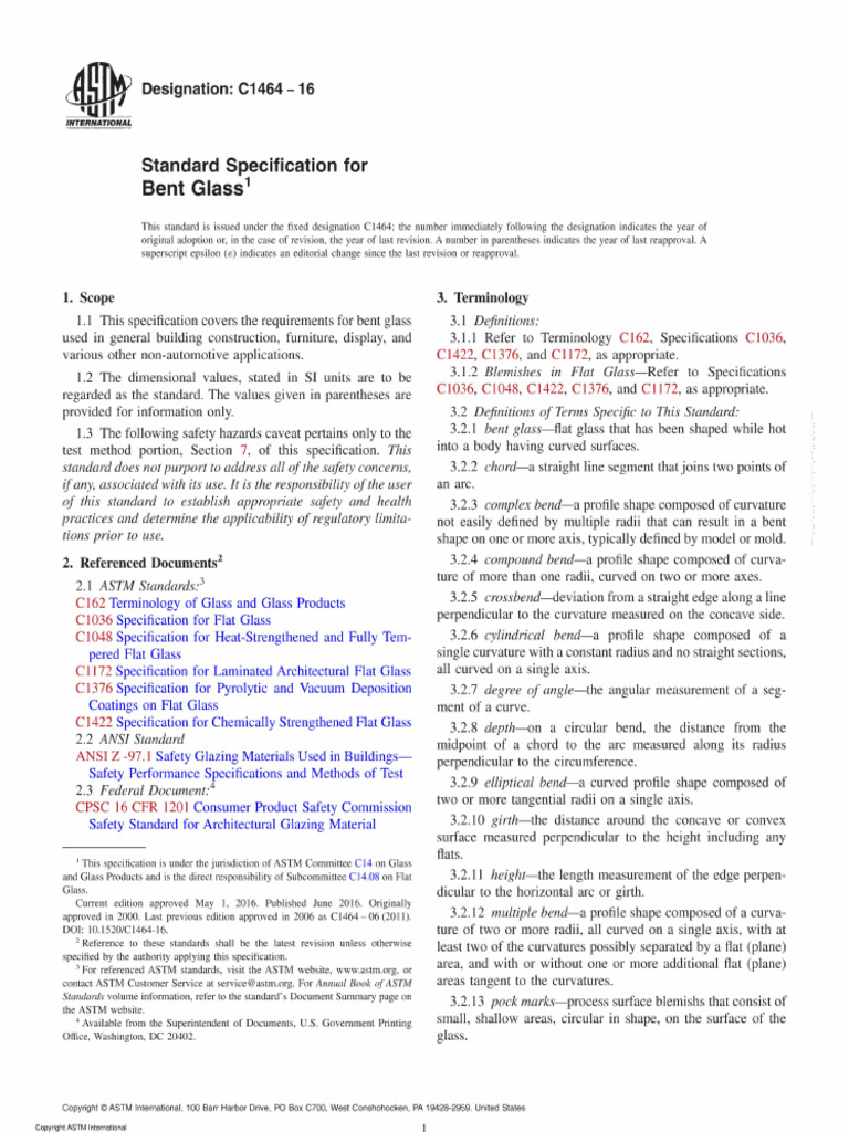 ASTM C1464-16 Standard Specification for bent glass | PDF