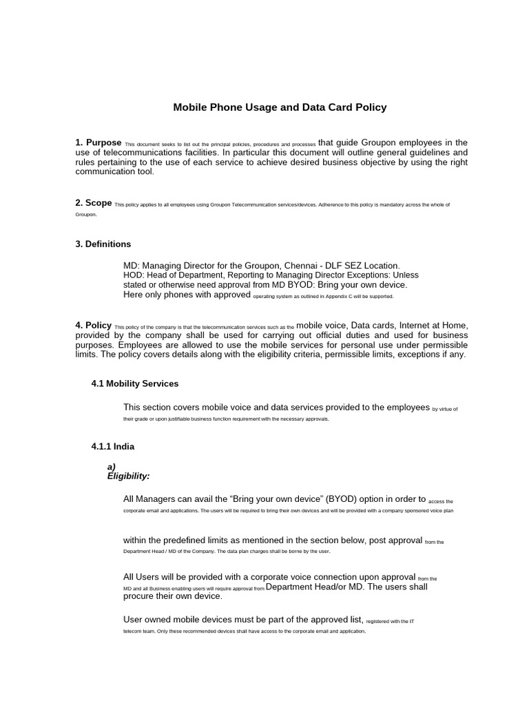 Mobile Phone Usage and Data Card Policy | PDF