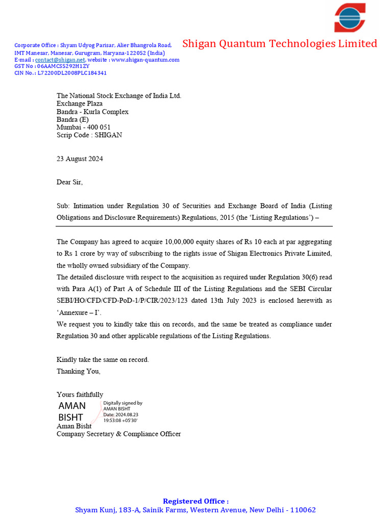 SHIGAN 23082024202250 Acquisition | PDF | Mergers And Acquisitions ...