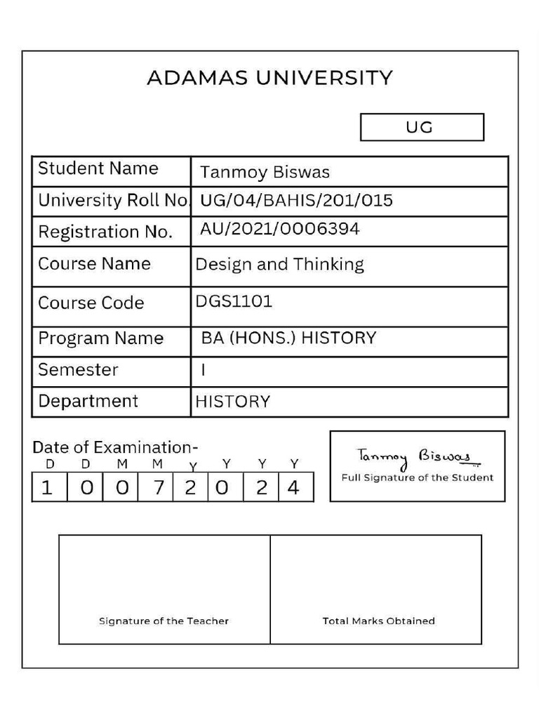 Adamas University Exam Front Page | PDF