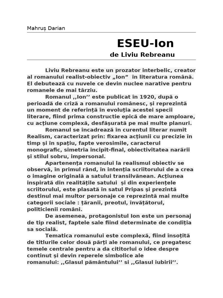 Eseu-Ion de Liviu Rebreanu-Darian | PDF