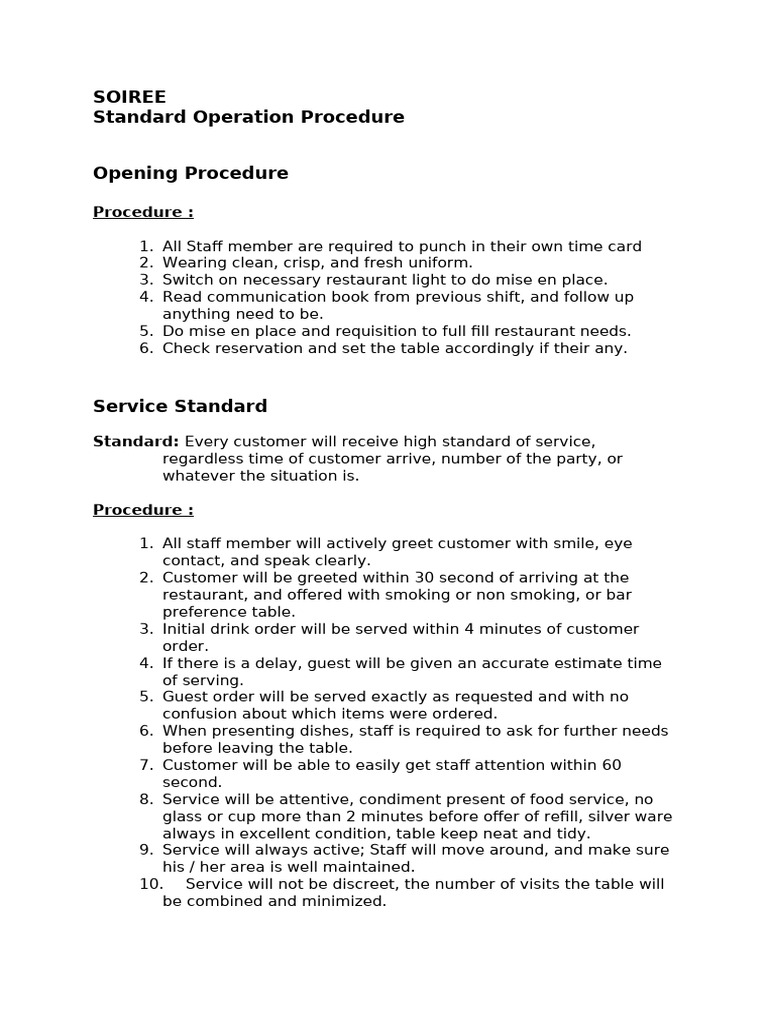 Soiree Standard Operation Procedure | PDF